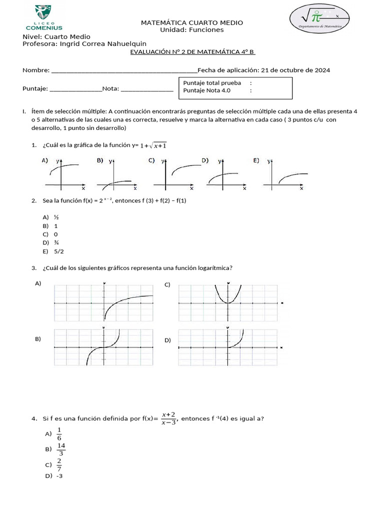 Prueba de Funciones 4 Medio B-D | PDF | Matemáticas