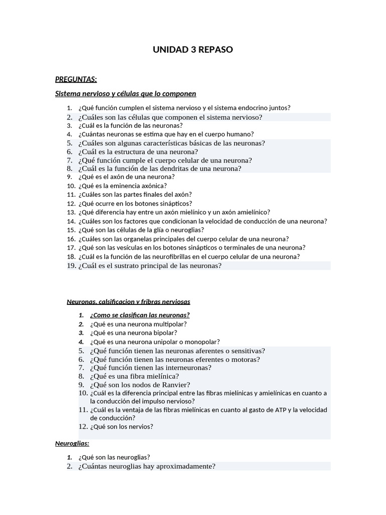 Unidad 3 Repaso | PDF | Neurona | Axon