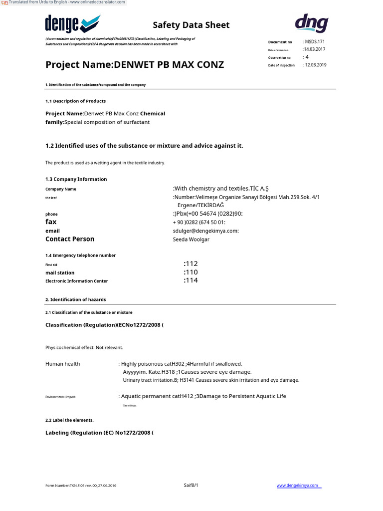 171 - DENWET PB MAX CONZ - SDS - EN - En.ur - Ur.en | PDF | Chemistry ...