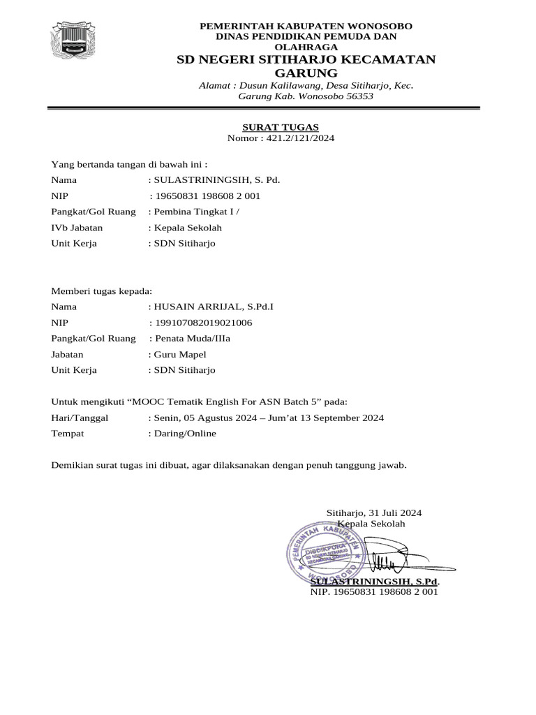 Surat Tugas MOOC - ANTI KORUPSI - HUSAIN ARRIJAL | PDF