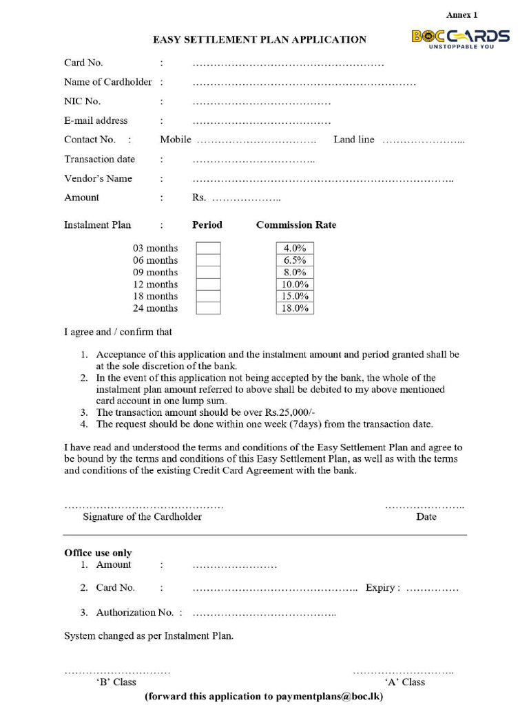 Boc Easy Settlement Plan Application Form - en | PDF
