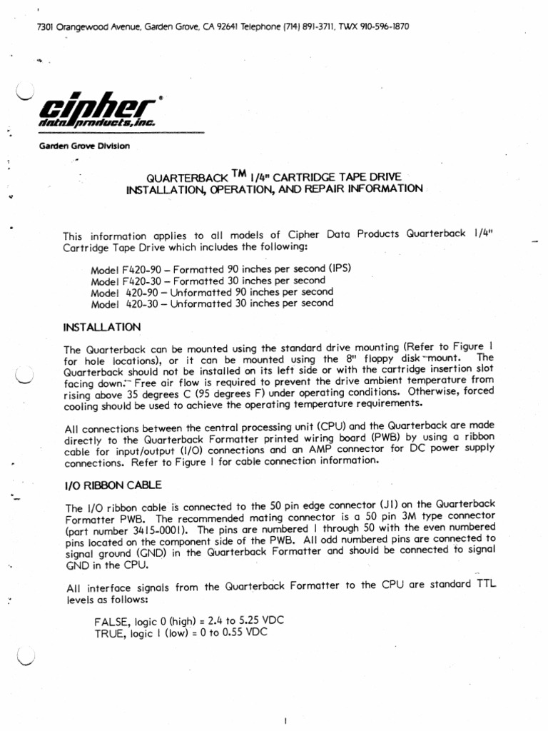 Cipher Quarterback Tape Drive Install-Ops Repair | PDF | Electrical ...