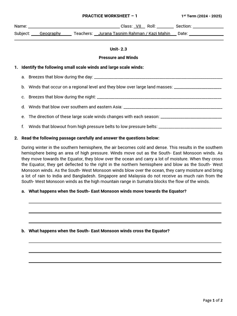 VII-Geography-PWS 1 | PDF | Wound | Monsoon