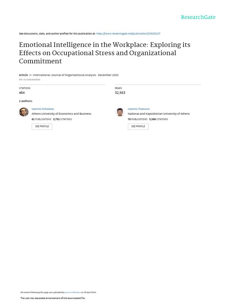 Emotional Intelligence in The Workplace Exploring Its Effects On Occupational Stress and ...