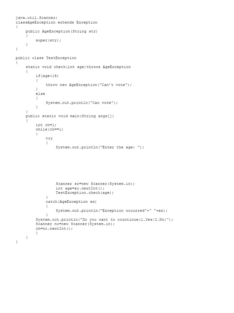 Java Custom Age Exception Example | PDF