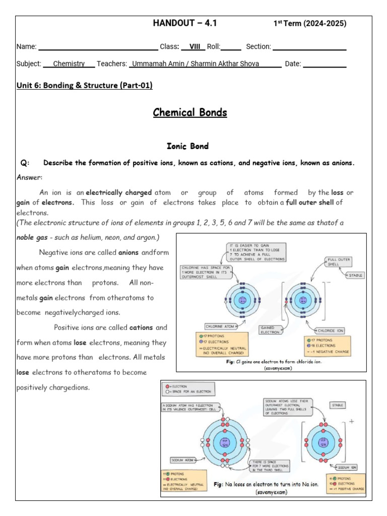 VIII Chemistry HO-4.1 Bonding Lecture Part 1 | PDF | Ion | Ionic Bonding