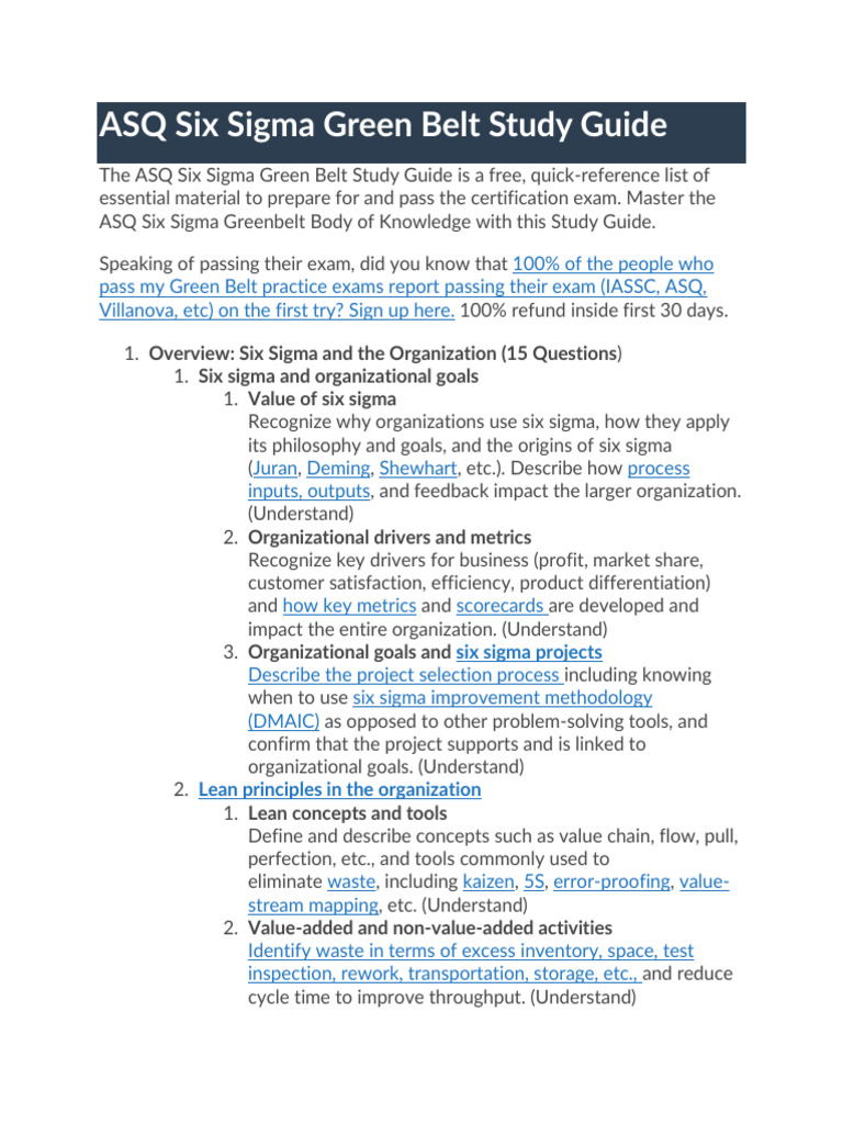 Six Sigma Green Belt Exam Prep | PDF | Statistics | Analysis Of Variance