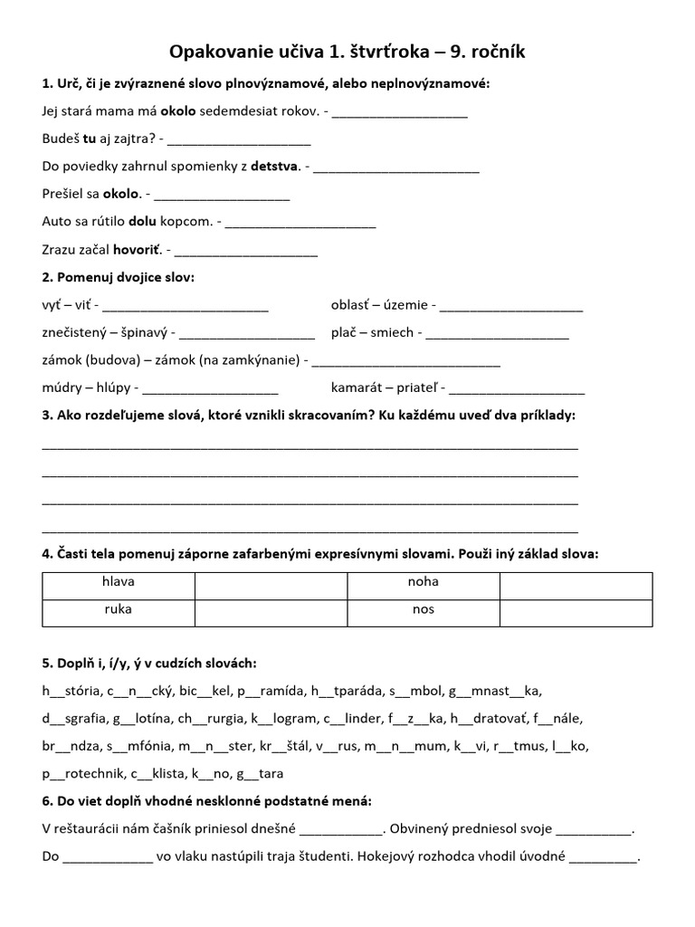 SJL Opakovanie 1. Stvrtroka - 9. Rocnik - 2024-25 | PDF
