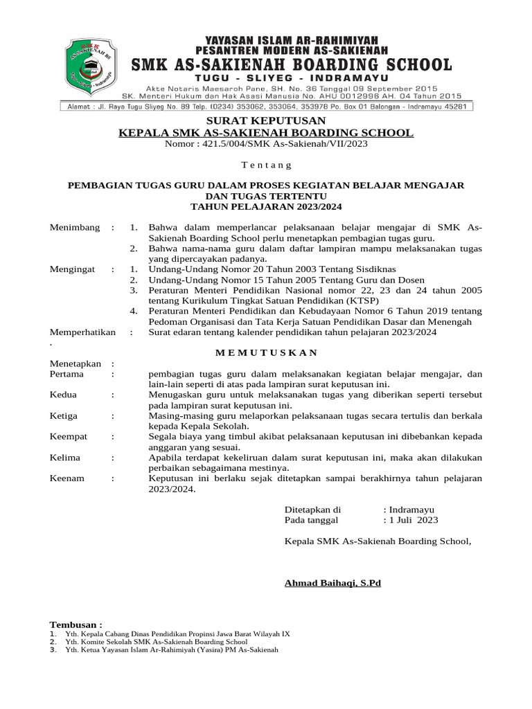 SK Pembagian Tugas Guru 2023-2024 - 1 | PDF