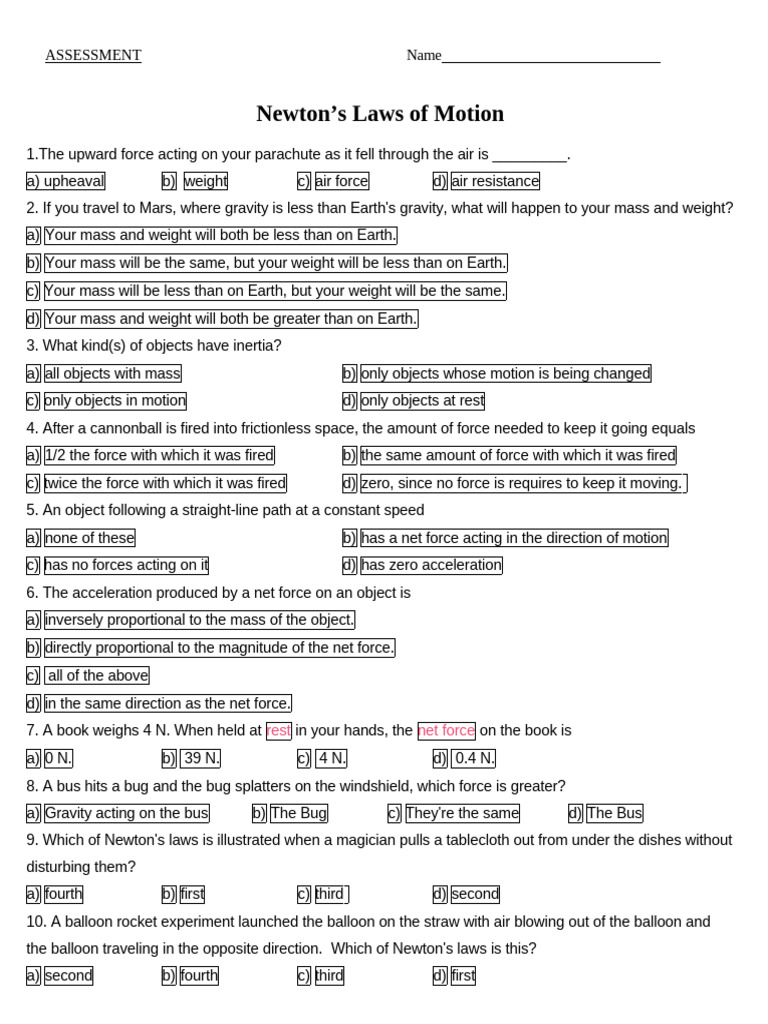 ASSESSMENT NEWTON'S LAWS | PDF | Force | Weight