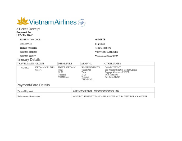 Eticket Receipt: Le/Van Bay | PDF
