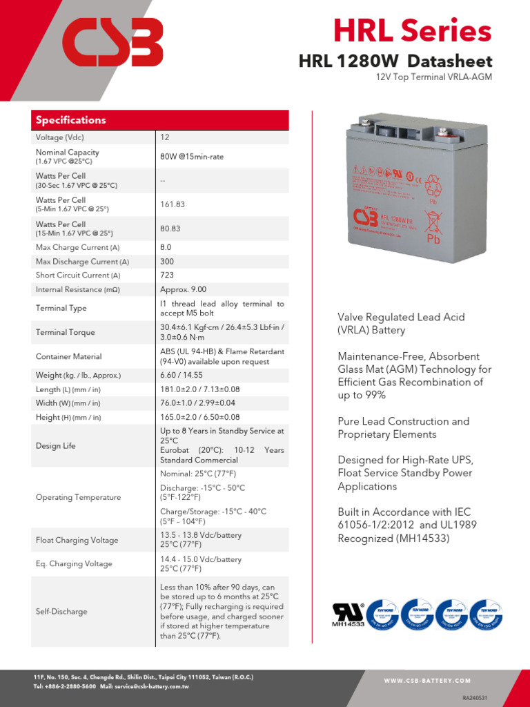 CSB Datasheet HRL1280W - 053126 | PDF | Galvanic Cells | Battery ...