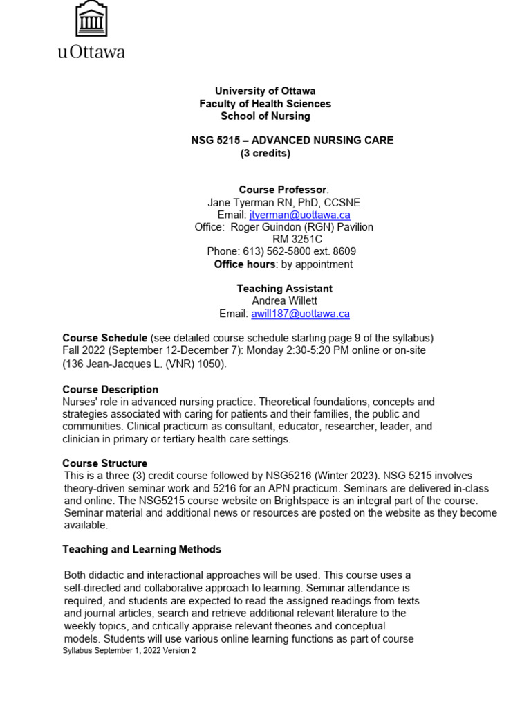 NSG 5215 Advanced Nursing Care Syllabus | PDF | Concept | Academic ...