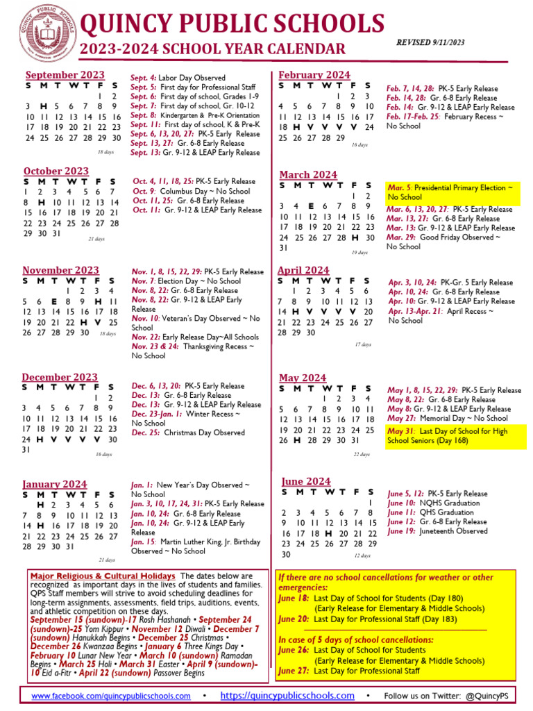 QPS 2023-24 School Year Calendar REVISED 9.11.2023 | PDF | Jewish ...