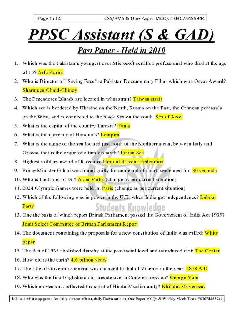 PPSC Assistants (BS-16) S&GAD - Solved Past Paper | PDF