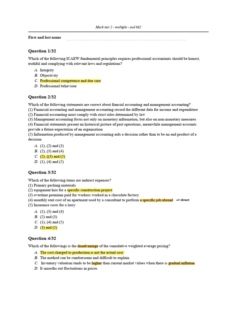Mock Test 2 - Multiple - Aud k62 - Questions | PDF | Investing ...