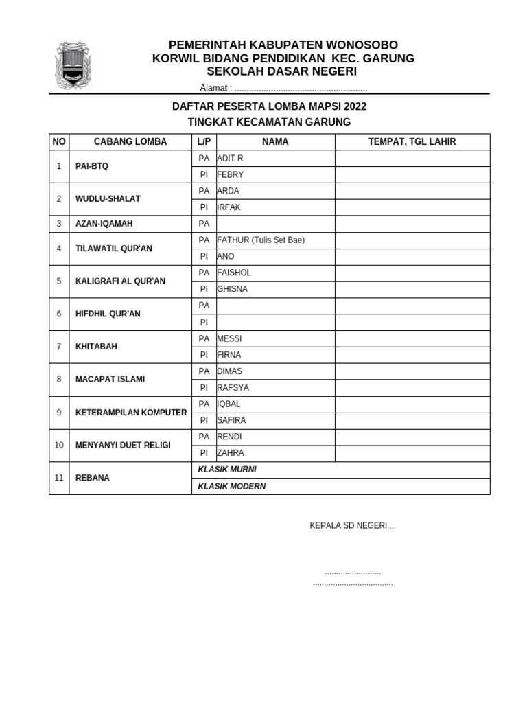 SD Sitiharjo (Form Pendaftaran Mapsi) | PDF