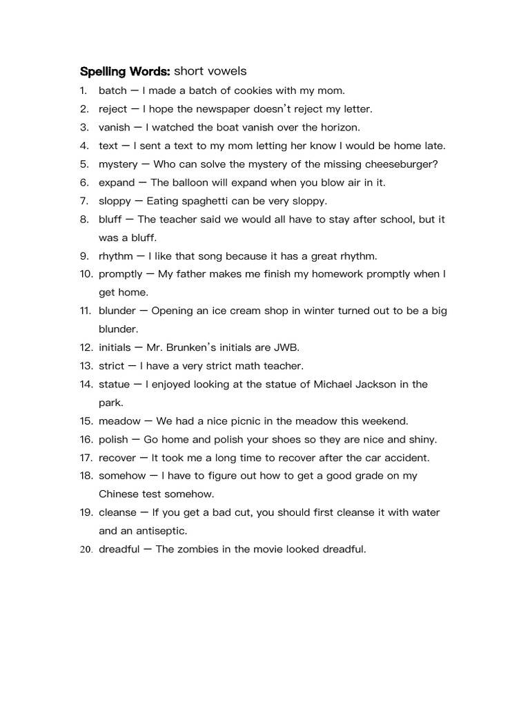 Short Vowel Spelling Words List | PDF