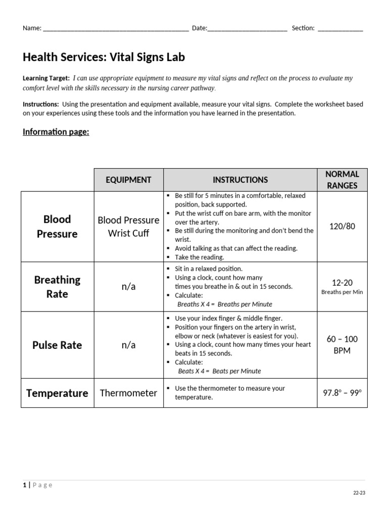 Vital Signs Lab Worksheet 23-24 | PDF | Clinical Medicine | Medical ...