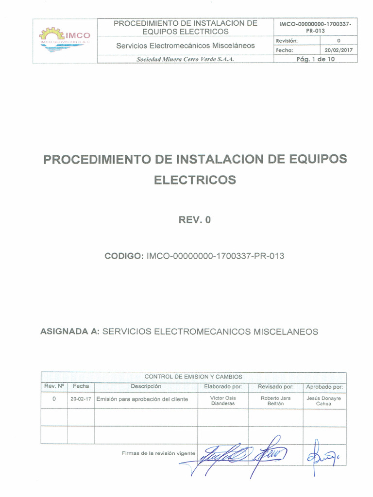 IMCO-00000000-1700337-PR-013 - Procedimiento de Instalacion de Equipos Electricos | PDF ...