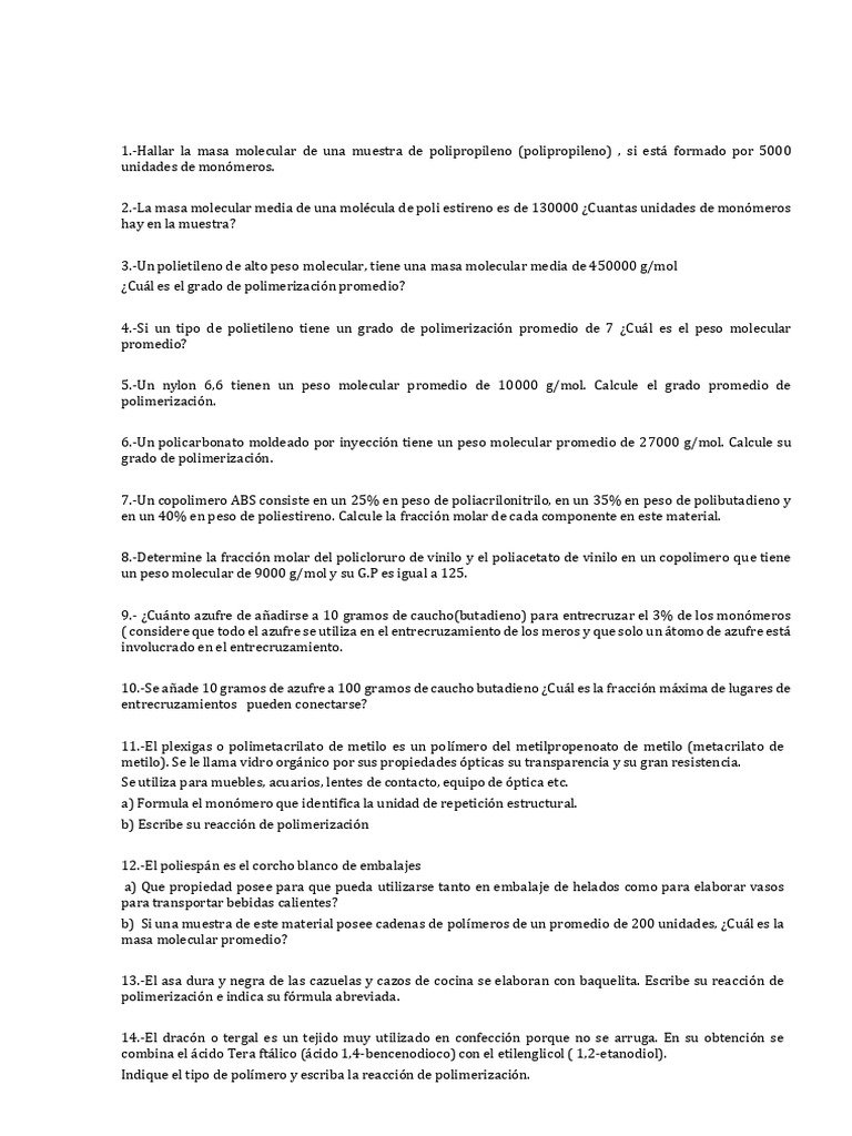Taller De Ejercicios De Polimeros 2023 Pdf Polímeros