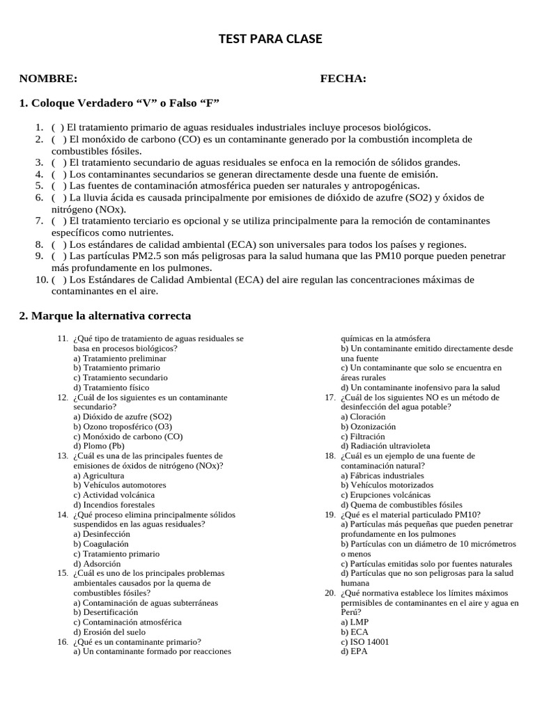 S11 - Test de Clase | PDF | Contaminación | Partículas