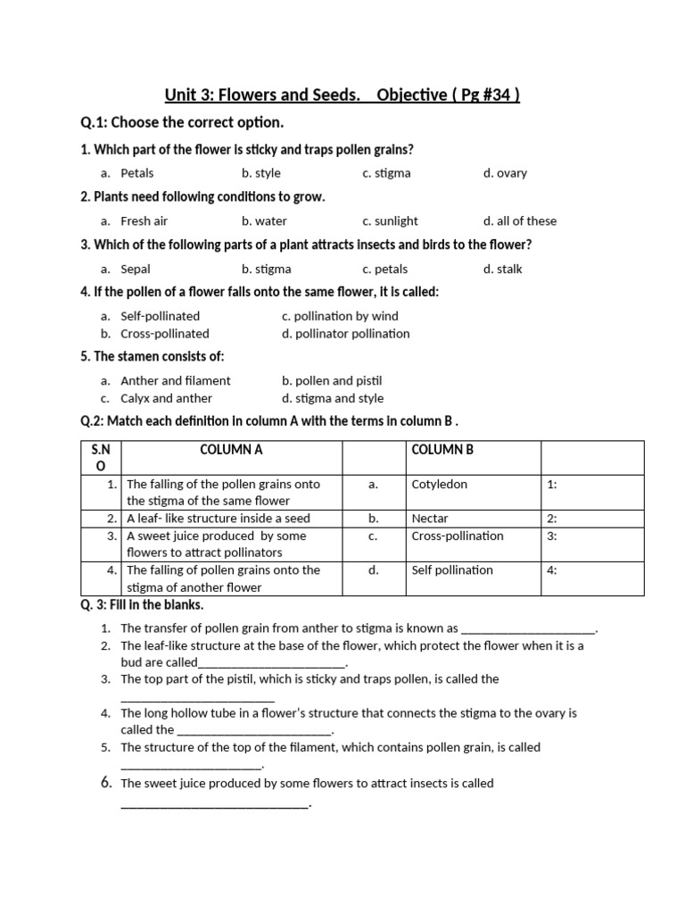 Class 5 Pollination Questions & Answers | PDF | Flowers | Pollination