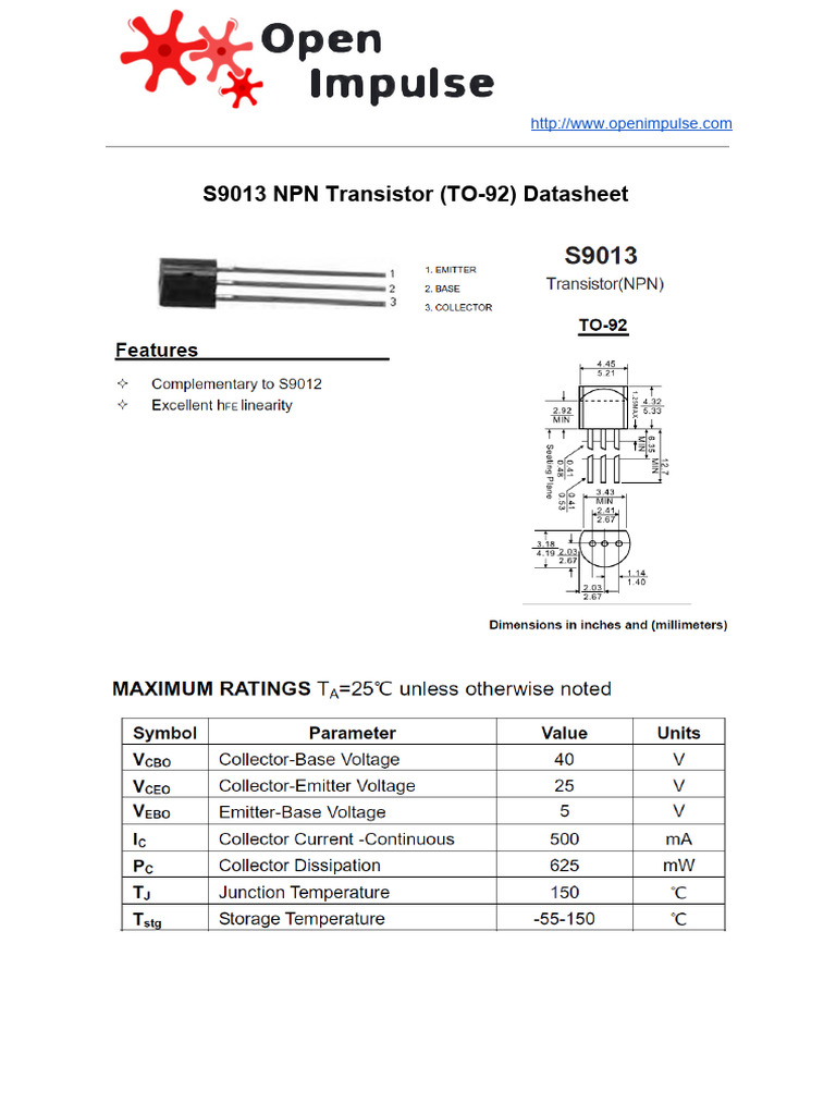 S9013 NPN Transistor TO 92 Datasheet | PDF | Science & Mathematics ...