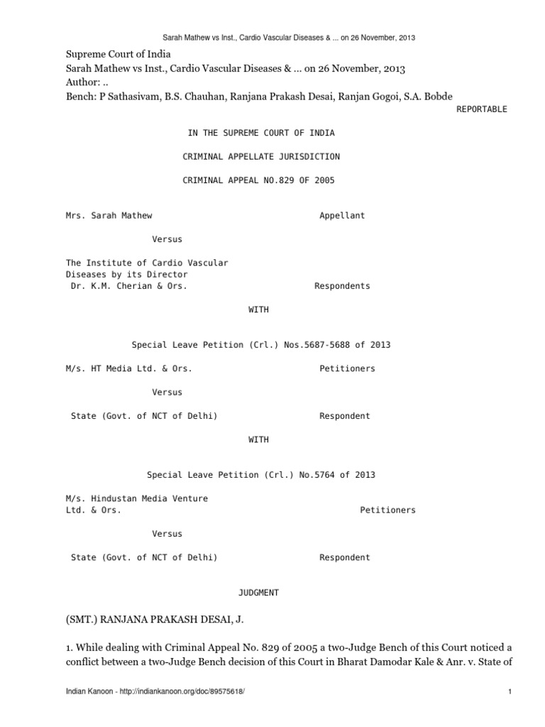 Sarah Mathew Vs Inst, Cardio Va | PDF | Justice | Crime & Violence