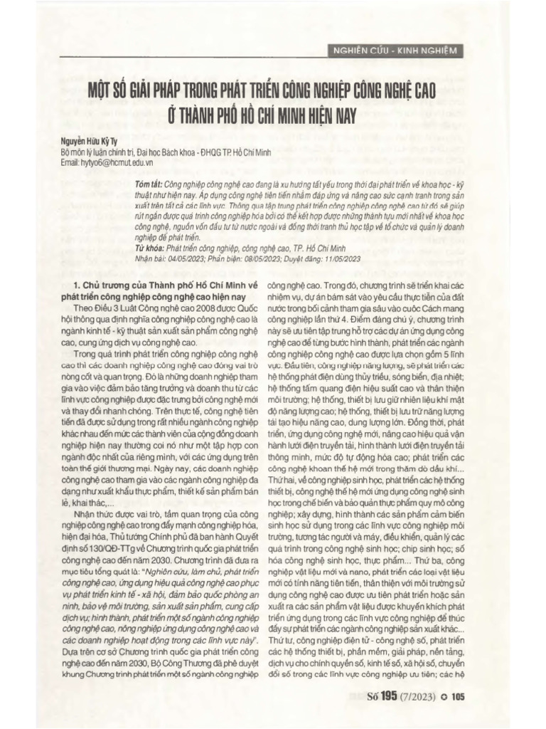 Một số giải pháp trong phát triển công nghiệp công nghệ cao ở Thành phố Hồ Chí Minh | PDF