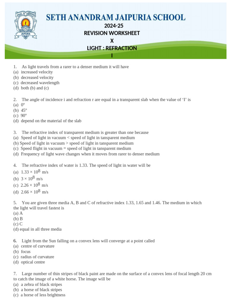 Light Refraction Worksheet | PDF | Refraction | Refractive Index