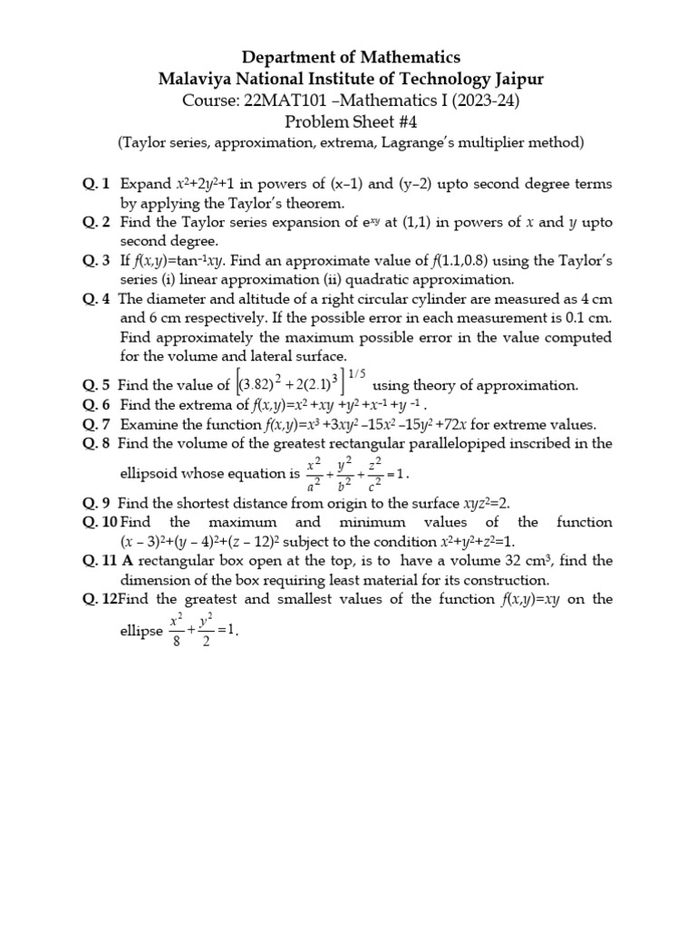 MAT101 2024 Tutorial sheet-4 | PDF