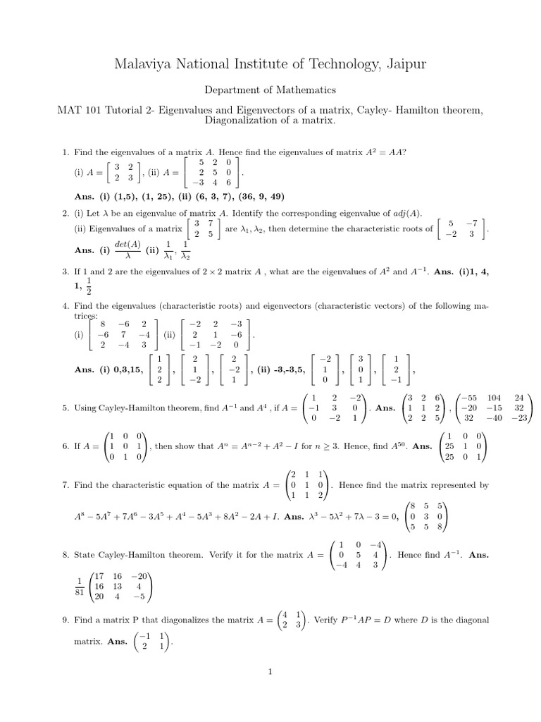 MAT101 2024 Tutorial Sheet-2-Answer Key | PDF | Eigenvalues And ...