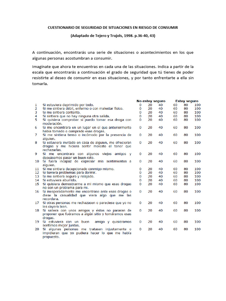 Cuestionario de Seguridad de Situaciones en Riesgo de Consumir | PDF ...