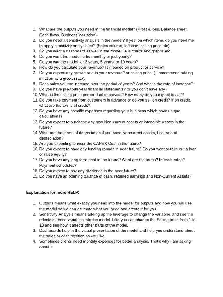 Financial Modeling Questionnaire | PDF | Expense | Corporations