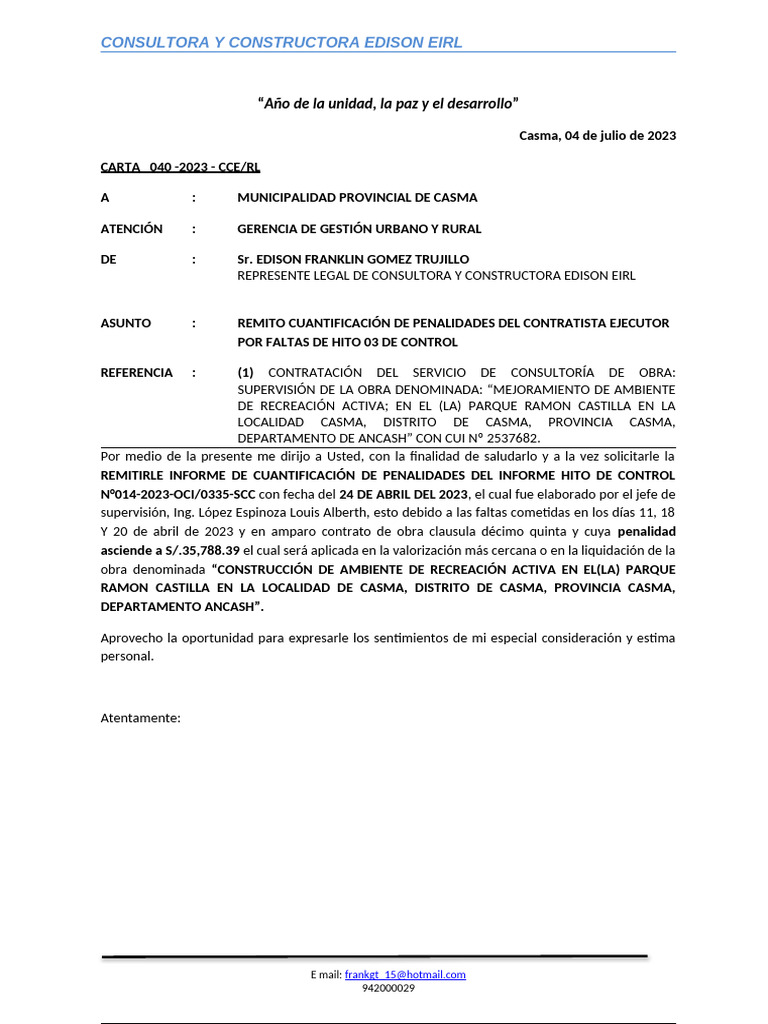 Carta 040-2023 Remito Cuantifcacion de Penalidades Hito 03 | PDF