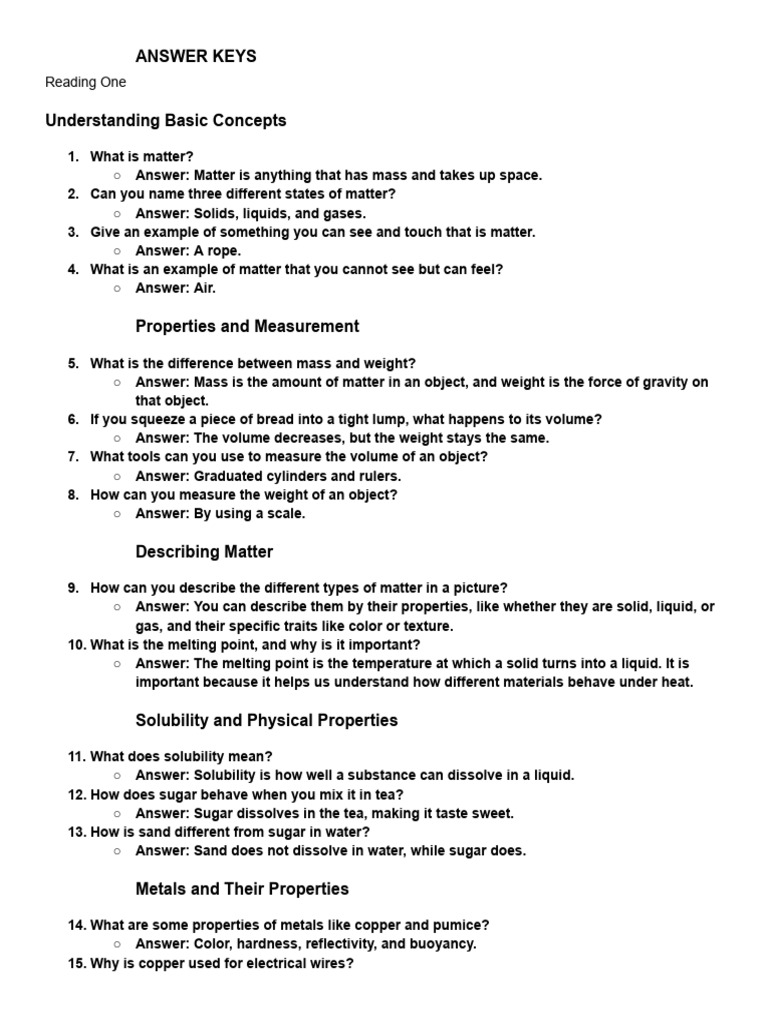 Science Unit One Chapter One Summary Questions KEY | PDF | Chemistry ...