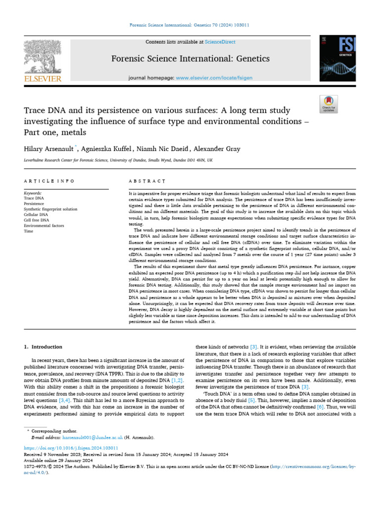 Trace DNA and Its Persistence On Various Surfaces | PDF | Real Time ...