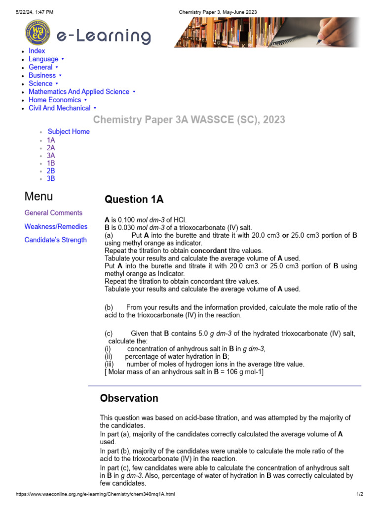 Wassce Waec 2023 Chemistry Paper 3 Past Questions and Answers PDF | PDF ...