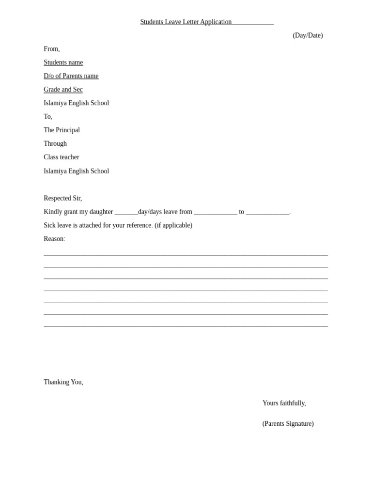 Leave Letter Format For Students | PDF | Career & Growth | Business