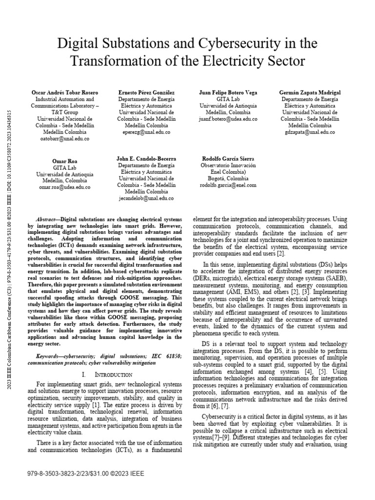 Digital Substations and Cybersecurity in The Transformation of The Electricity Sector | PDF ...