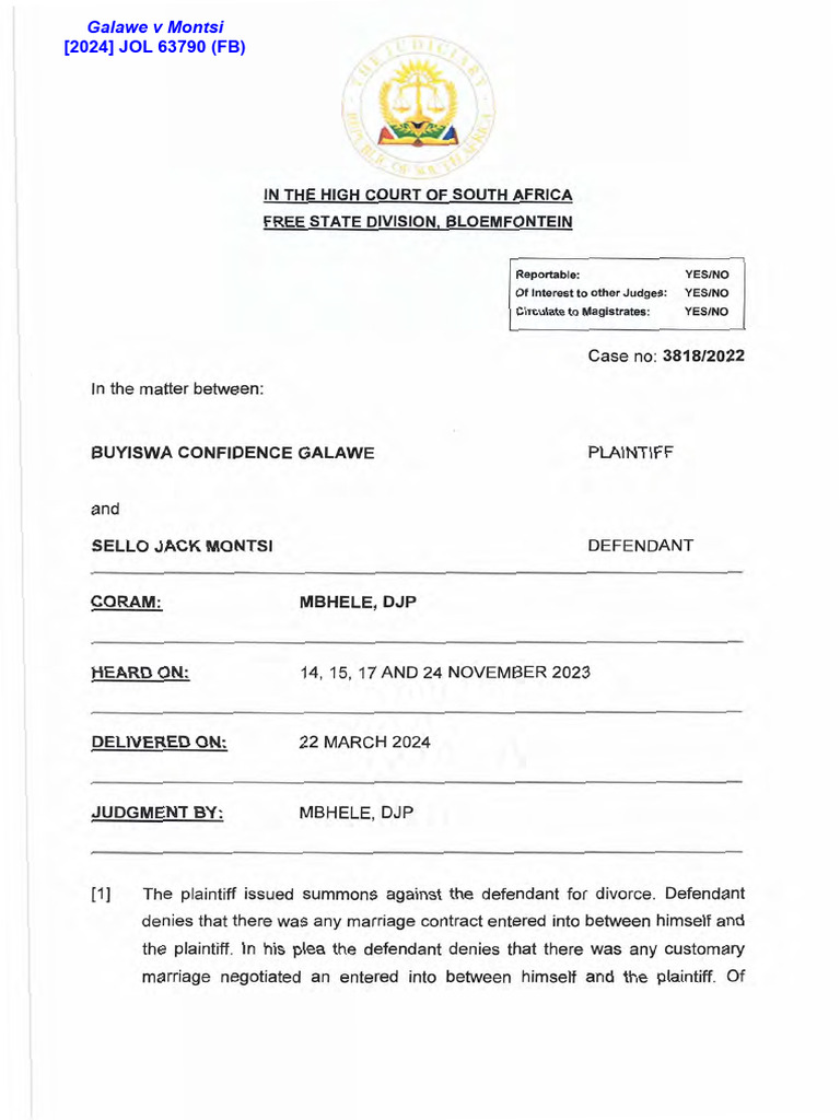 Galawe V Montsi (2024) JOL 63790 (FB) | PDF | Burden Of Proof (Law ...