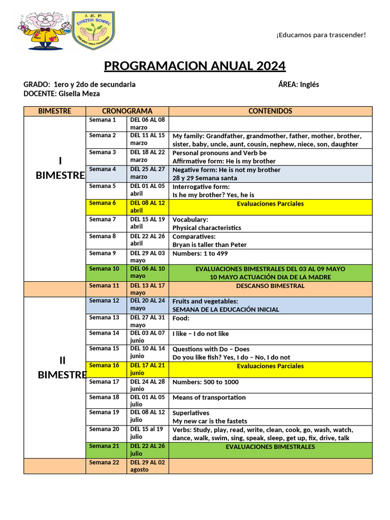 Programacion 2024 Inglés 1ero y 2do | PDF
