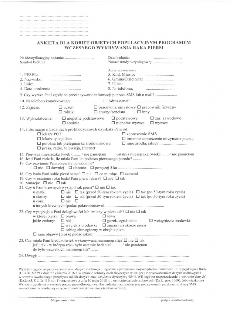 Ankieta - Program Wczesnego Wykrywania Raka Piersi PDF | PDF