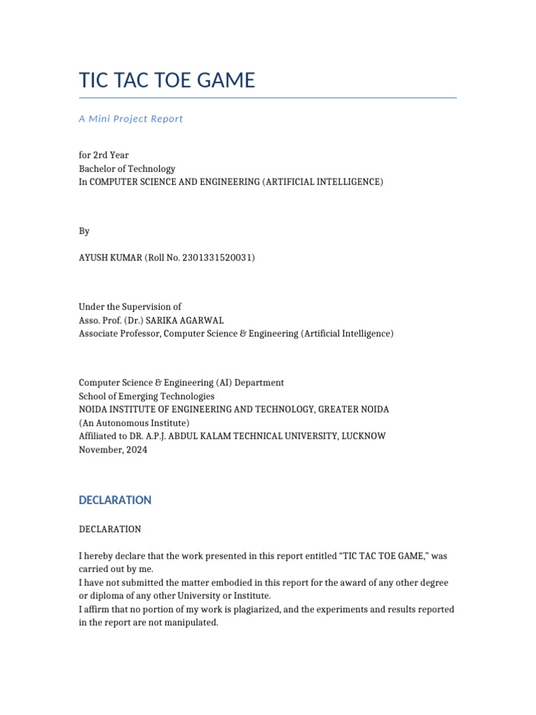 Tic Tac Toe Project Report | PDF