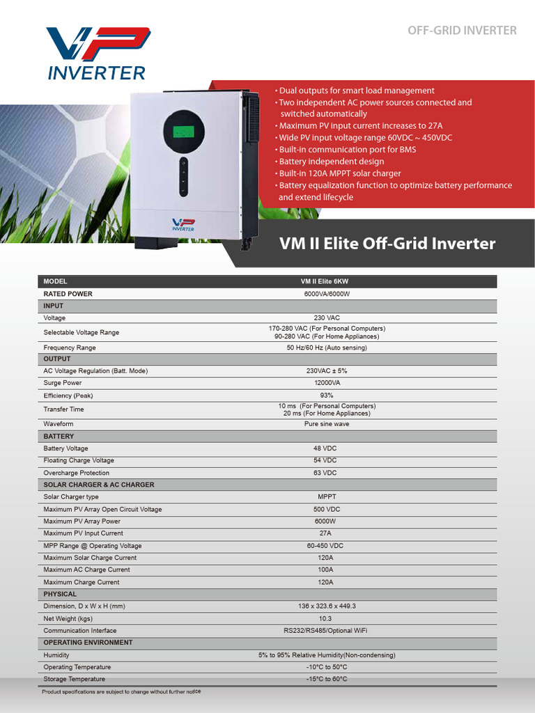 VM II Elite Off-Grid Inverter Specs | PDF | Battery Charger | Power ...