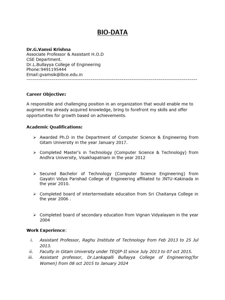 Bio-Data of Dr.G.vamsi Krishna | PDF | Machine Learning | Applied Mathematics