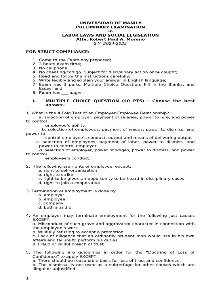 Labor Law Question - Prelims Question | PDF | Employment | Labour Law