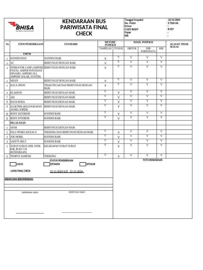 Form Checklist Armada Pariwisata (B. 357) | PDF