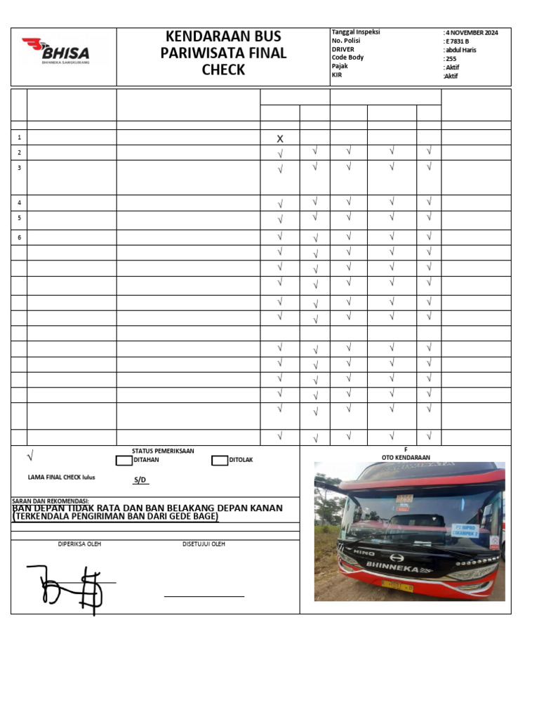 Final Check Kendaraan Bus Pariwisata | PDF